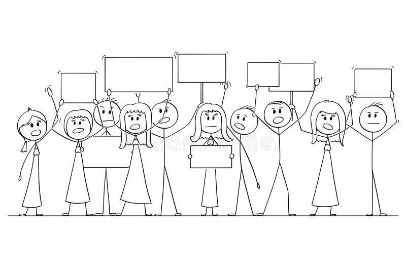 Cartoon Drawing of Group of People Protesting with Empty Signs Stock ...