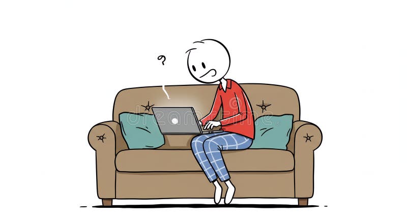 Cartoon Stick Figure Working on Laptop with Confused Expression Stock ...