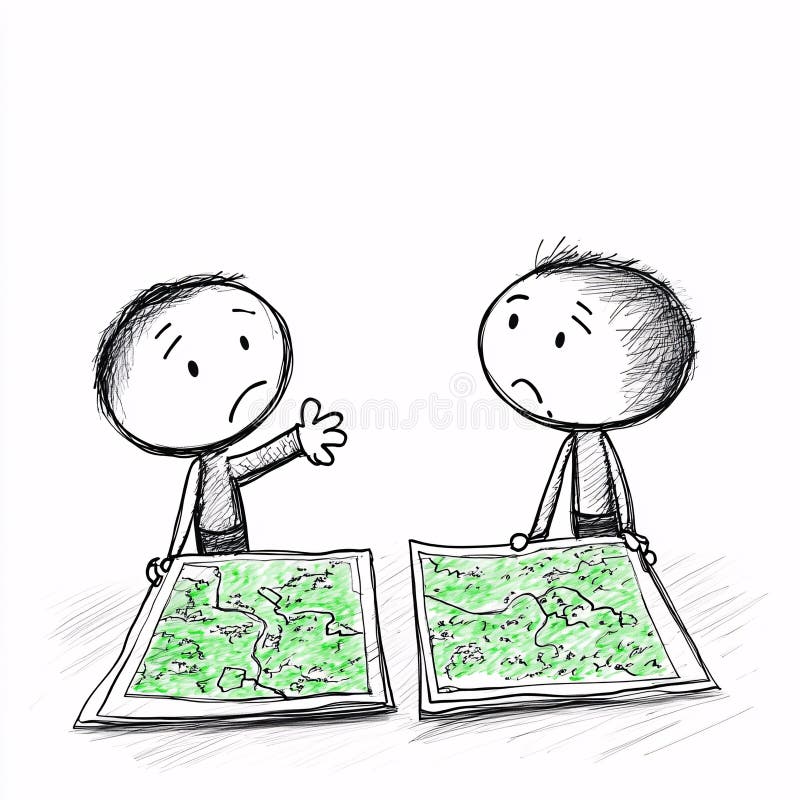 Cartoon Stick Figures Analyzing Two Maps Stock Illustration ...