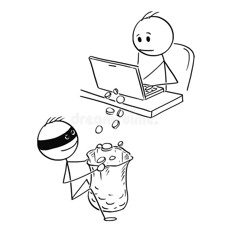 Cartoon of Man or Businessman Working on Computer while Hacker is ...
