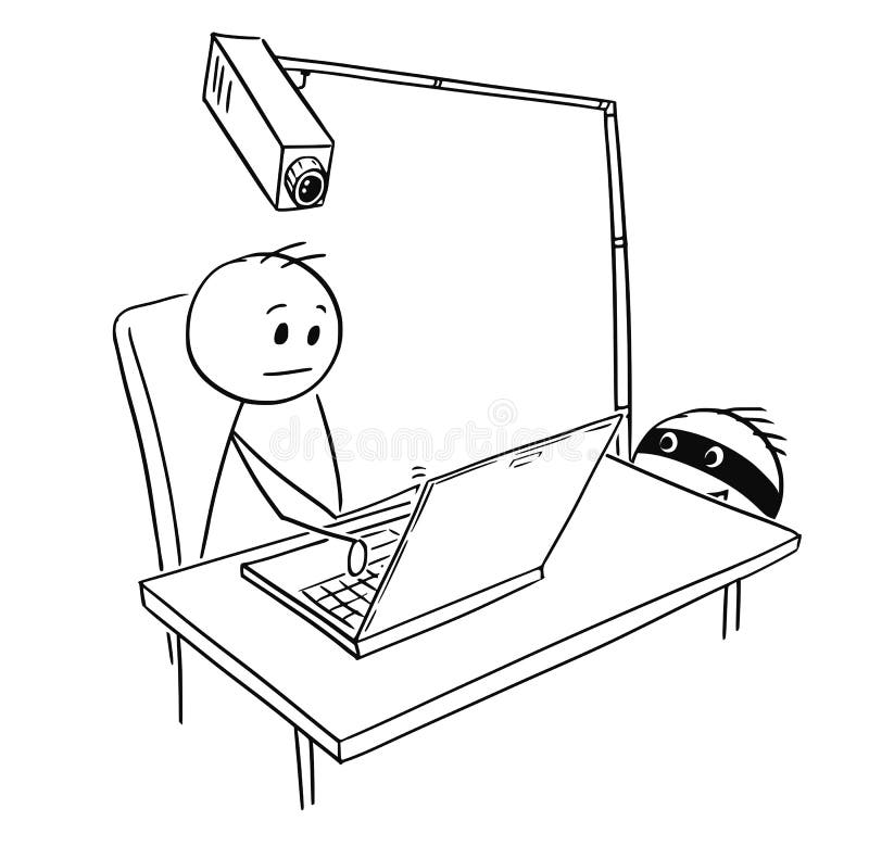 Cartoon of Man or Businessman Working on Computer while Hacker is ...