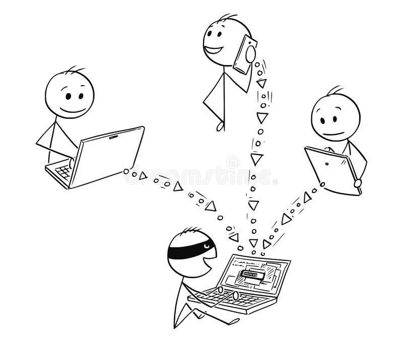 Cartoon of Hacker Stealing Data Hacking Computer, Tablet and Smart ...