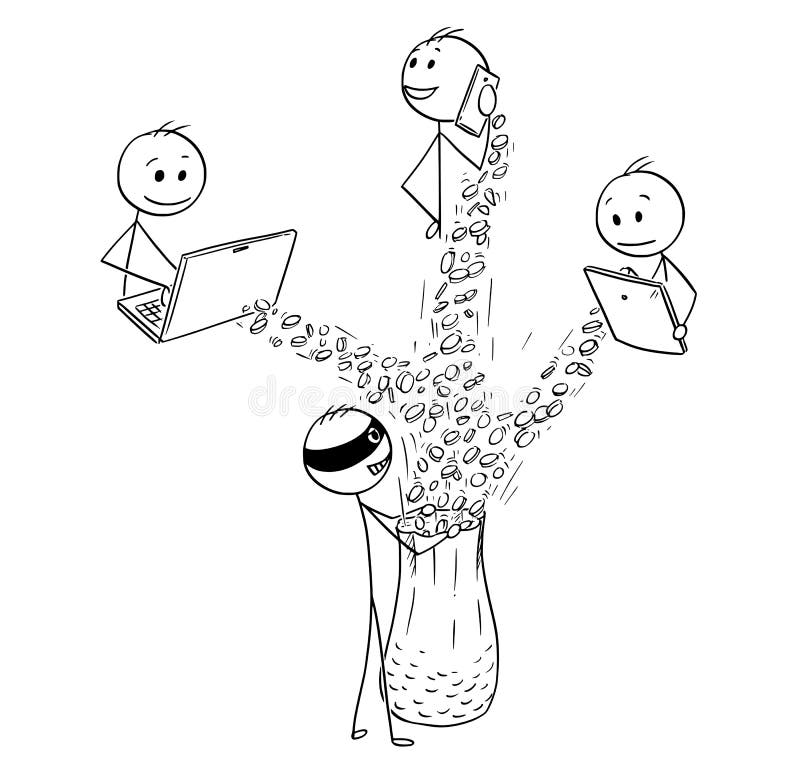 Cartoon of Hacker Stealing Money Hacking Computer, Tablet and Smart ...