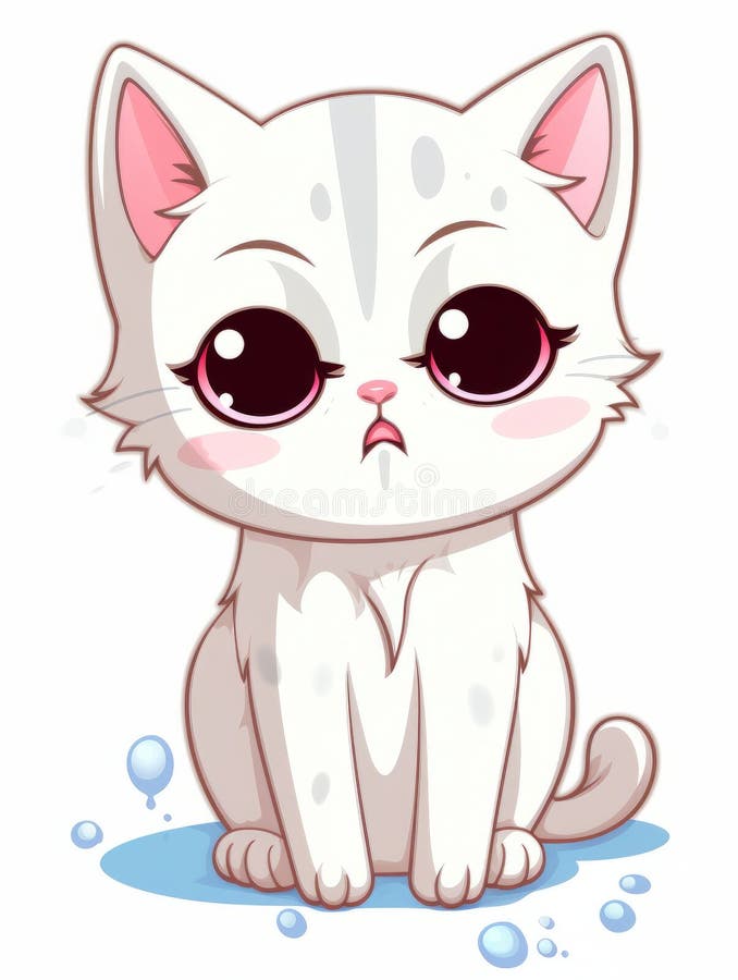 Cartoon Sticker White Sad Kitten on White Background Isolated, AI 库存照片 ...