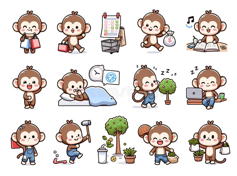 Cartoon Stickers Featuring Little Monkey in Multiple Poses Minim Stock ...