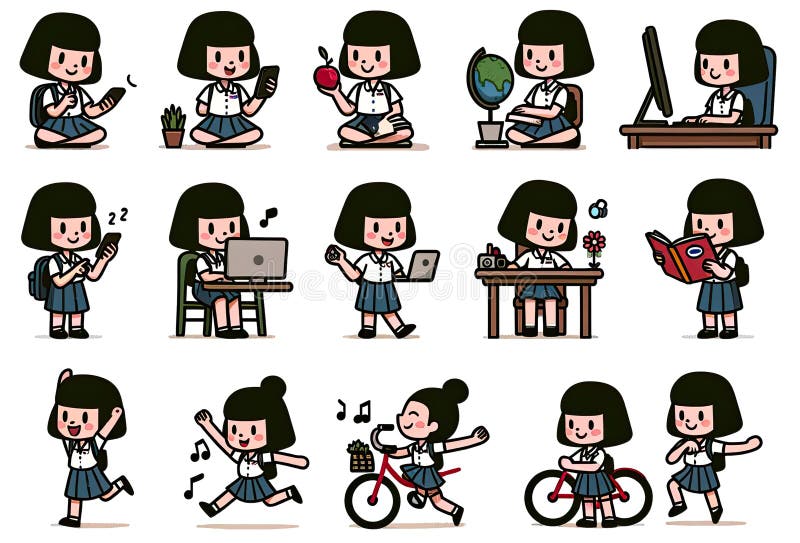Cartoon Stickers Female Student in Uniform in Multiple Poses Min Stock ...