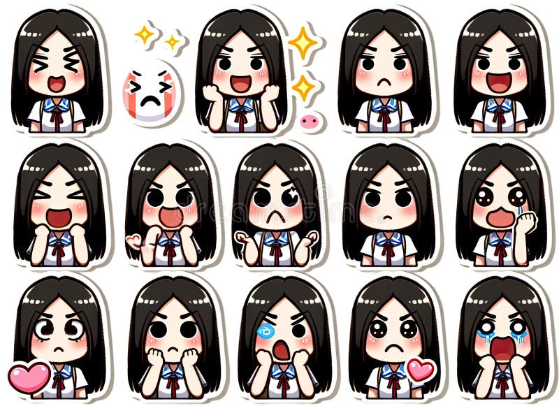 Cartoon Stickers Female Student in Uniform in Multiple Poses Min Stock ...