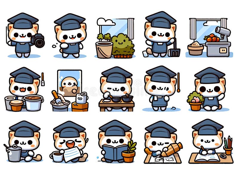 Cartoon Stickers Kitten in Student Hat Multiple Poses Minimal S Stock ...