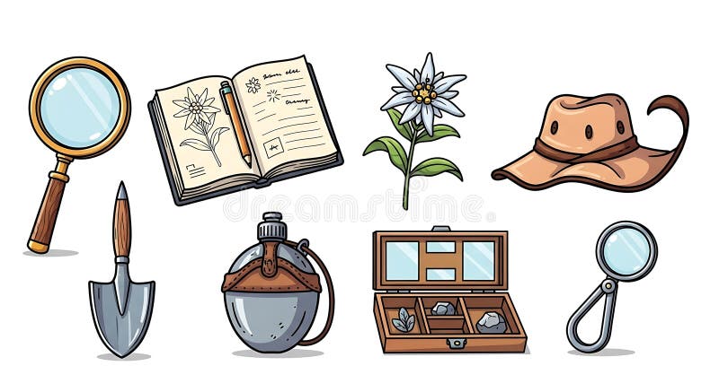 Cartoon Still Life Exploring Adventure Theme Elements on White ...