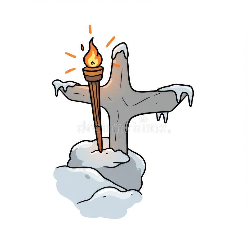 Cartoon Stone Cross with Burning Torch and Snow on White Background ...