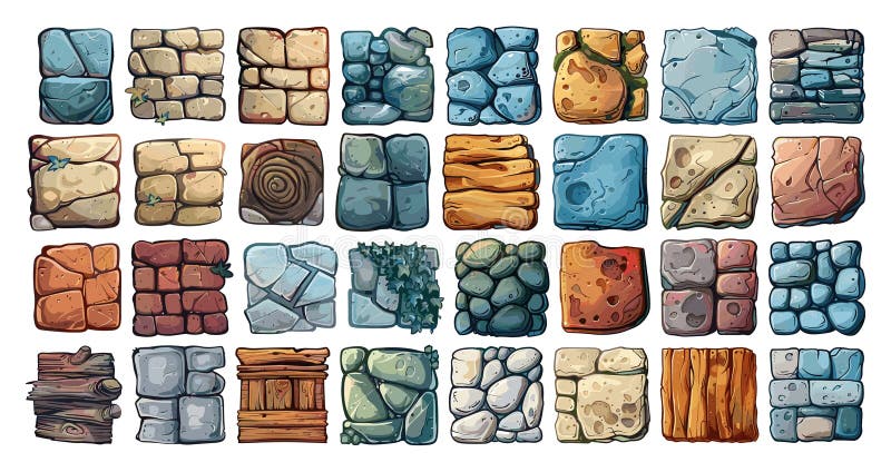 Cartoon Stone and Wooden Texture Squares. Icons Set with Various ...