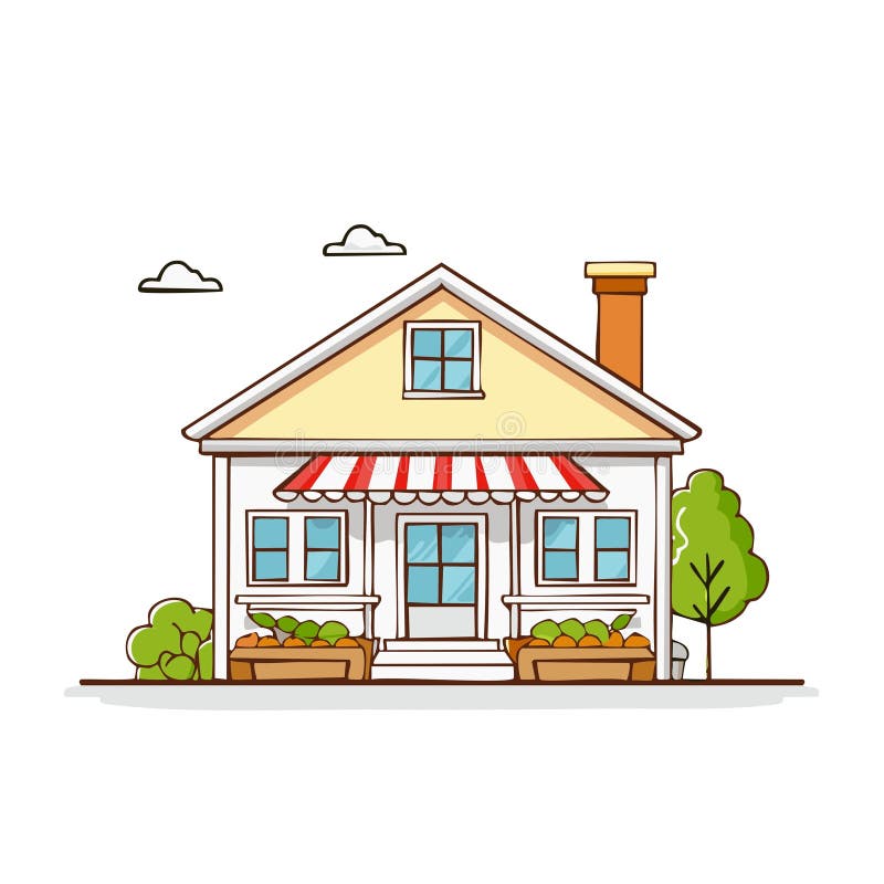 Cartoon Storefront Illustration with Awning and Planters Stock Vector ...