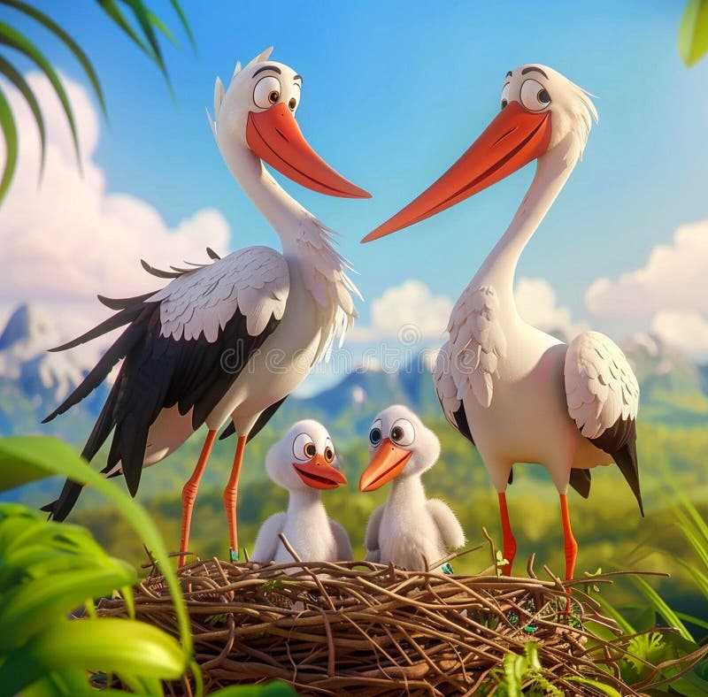 Cartoon Stork Couple with Two Chicks in a Nest on the Tree Stock ...