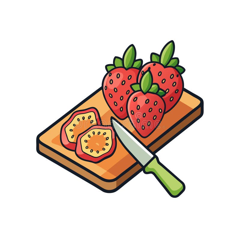 Cartoon Strawberries and Passion Fruit on a Cutting Board Stock Image ...