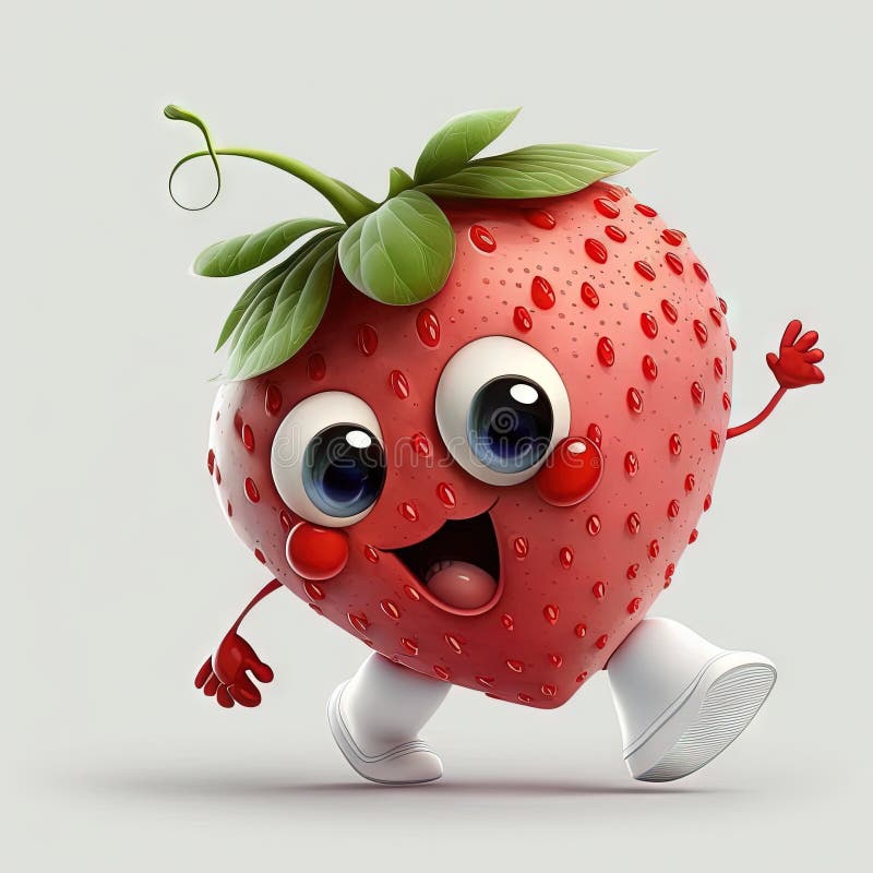 A Cartoon Strawberry with Eyes, Nose and Legs, with a Green Leaf on Top ...