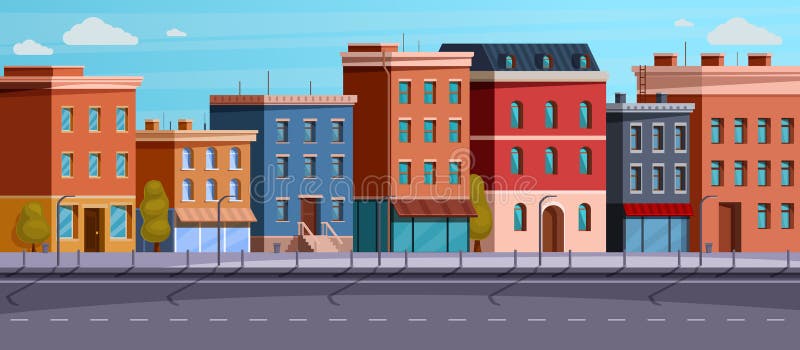 Cartoon Street with Buildings Lanterns and Trees Stock Vector ...