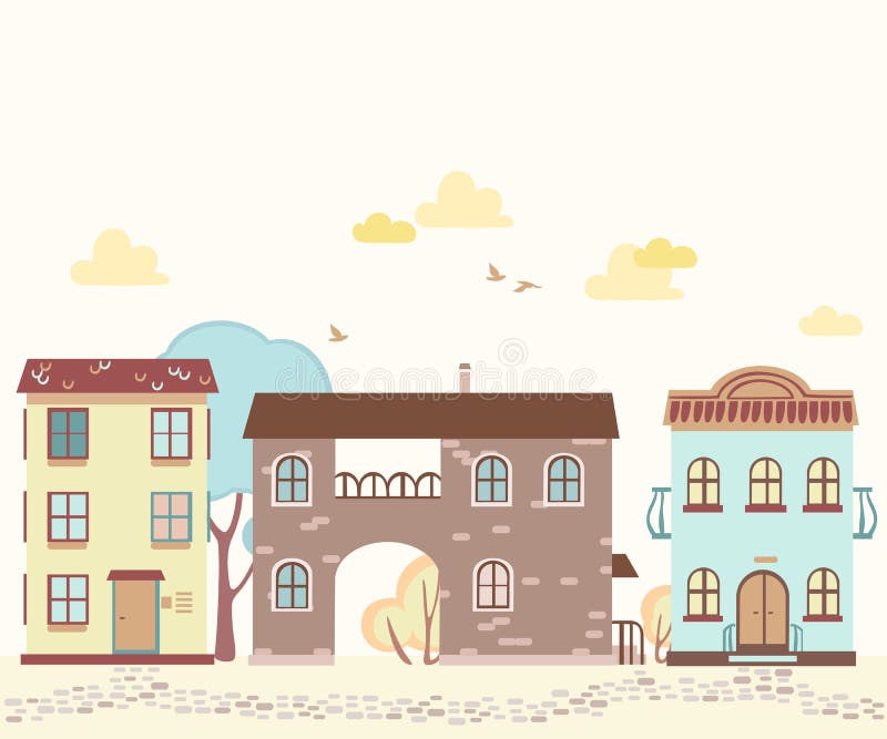 Cartoon Street with Houses, Clouds, Trees Stock Vector - Illustration ...