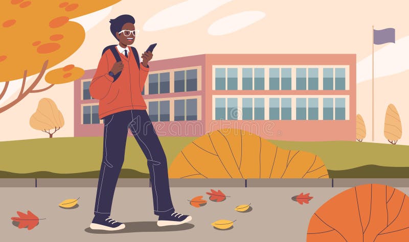 Cartoon Student Boy Walking on Campus, Holding a Smartphone and Wearing ...