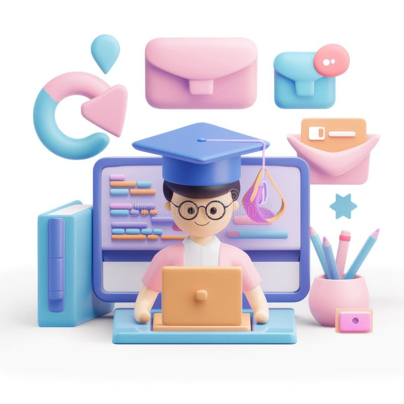 Happy Graduate Student Working on Laptop with Online Resources Stock Illustration - Illustration ...
