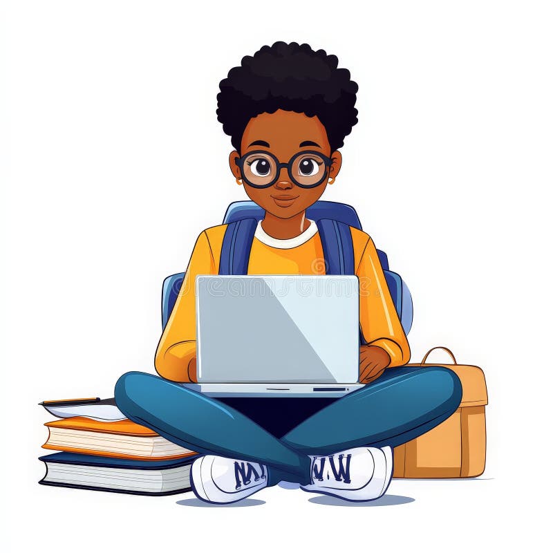 Cartoon Student Working on Laptop in a Study Environment Stock ...