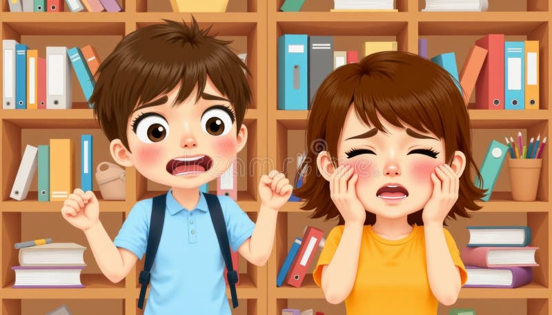 Cartoon Students Cheering and Crying in Library, Dramatic Reactions ...