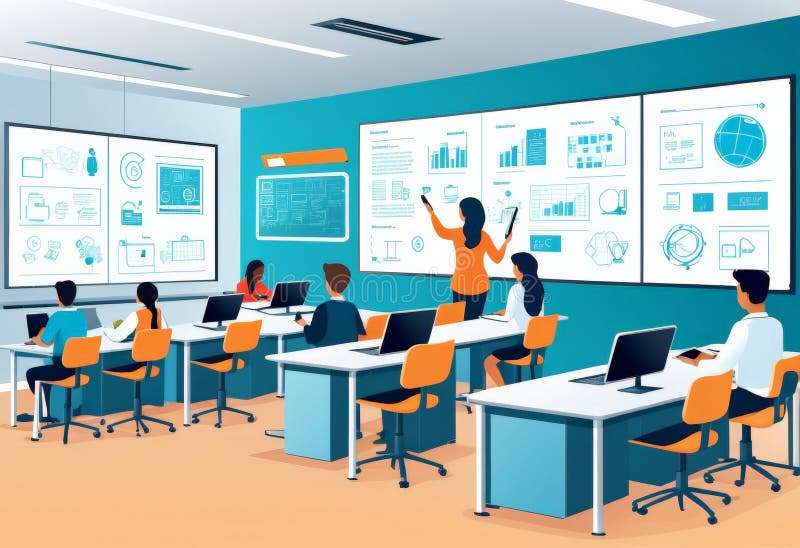 A Cartoon of Students in a Classroom with a Whiteboard and Teacher ...