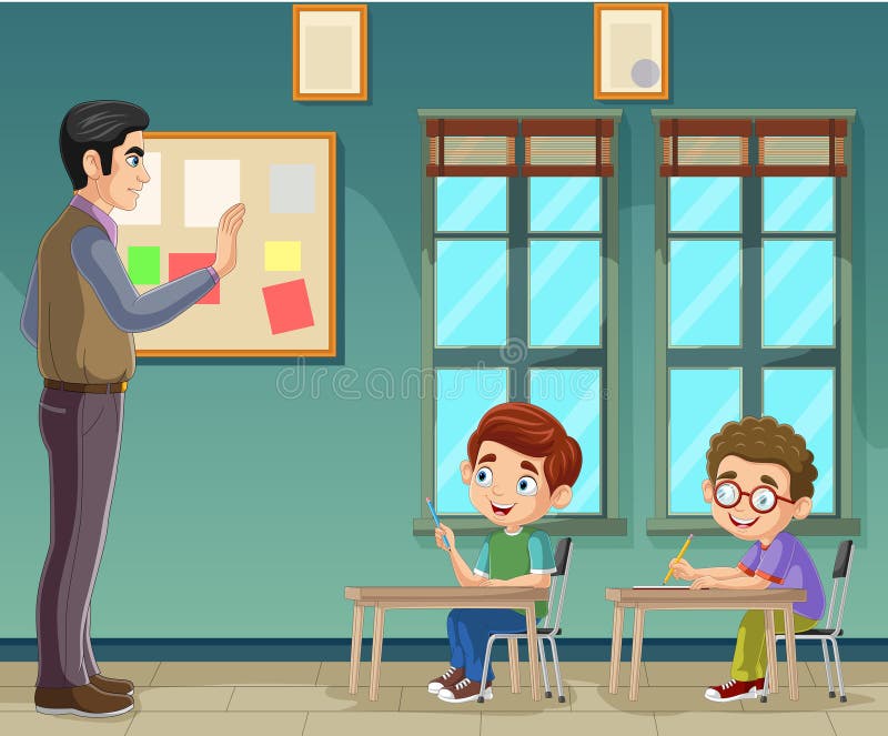 Cartoon Students Studying with Teacher in Classroom Stock Illustration ...