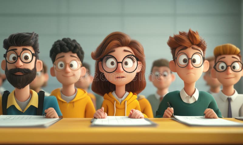 Cartoon Students Taking a Quiz with Funny, Exaggerated Expressions of ...