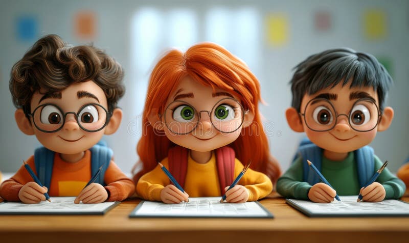 Cartoon Students Taking a Quiz with Funny, Exaggerated Expressions of ...