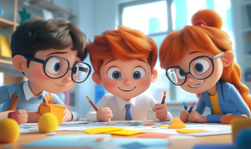 Cartoon Students Working Together on a Group Project in the Classroom ...