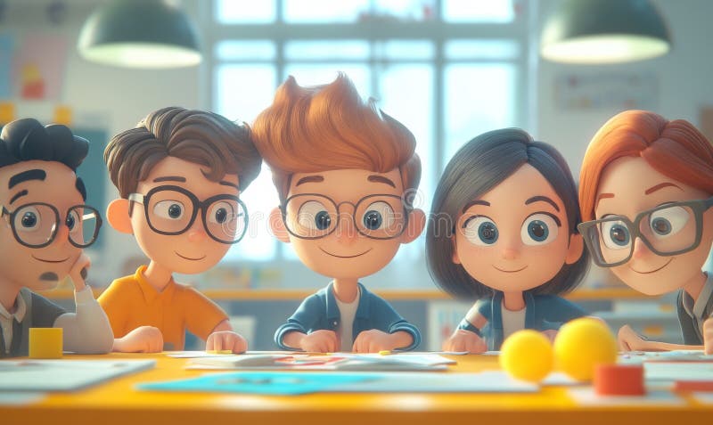 Cartoon Students Working Together on a Group Project in the Classroom ...