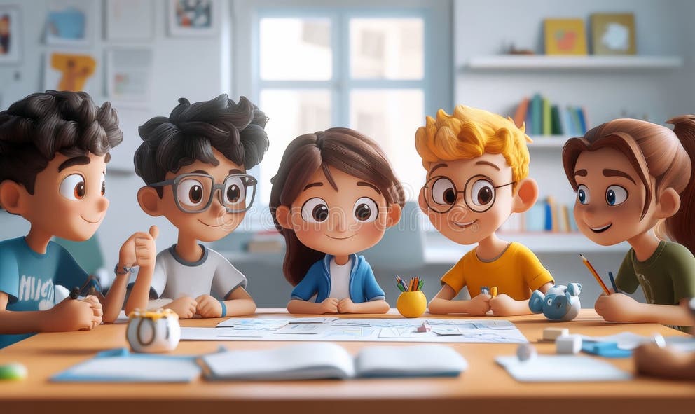 Cartoon Students Working Together on a Group Project in the Classroom ...