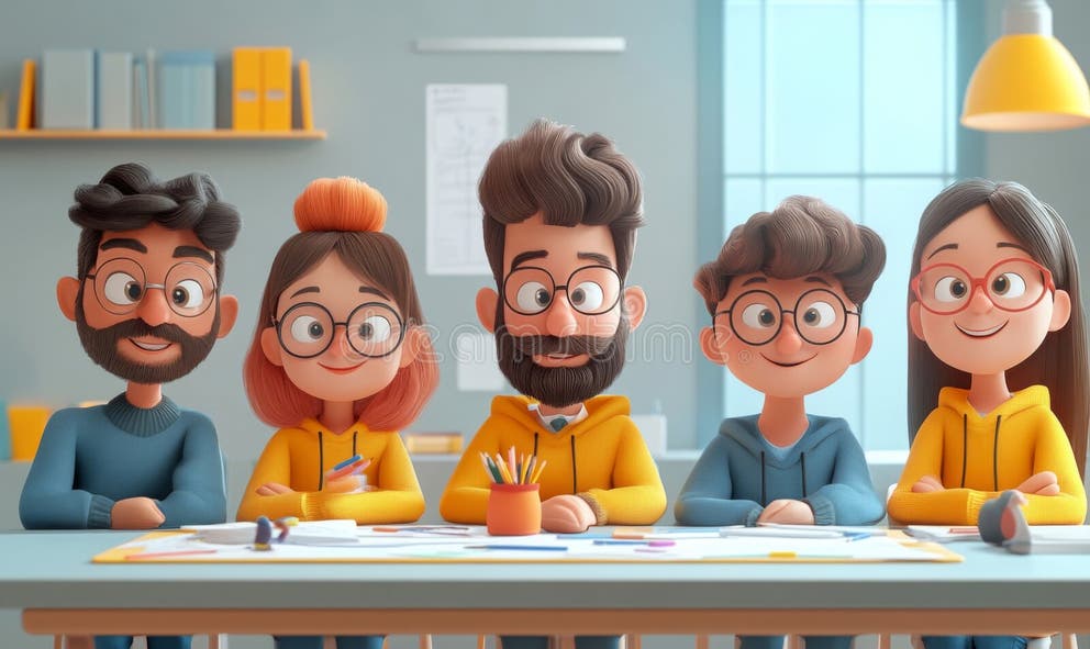 Cartoon Students Working Together on a Group Project in the Classroom ...