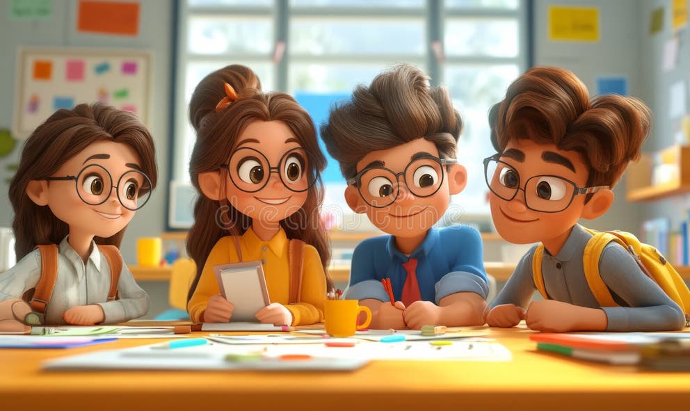 Cartoon Students Working Together on a Group Project in the Classroom ...