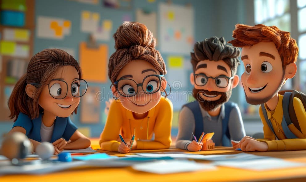 Cartoon Students Working Together on a Group Project in the Classroom ...