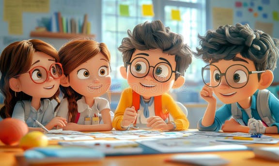 Cartoon Students Working Together on a Group Project in the Classroom ...