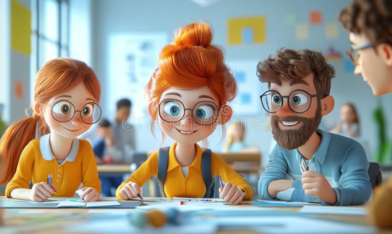 Cartoon Students Working Together on a Group Project in the Classroom ...