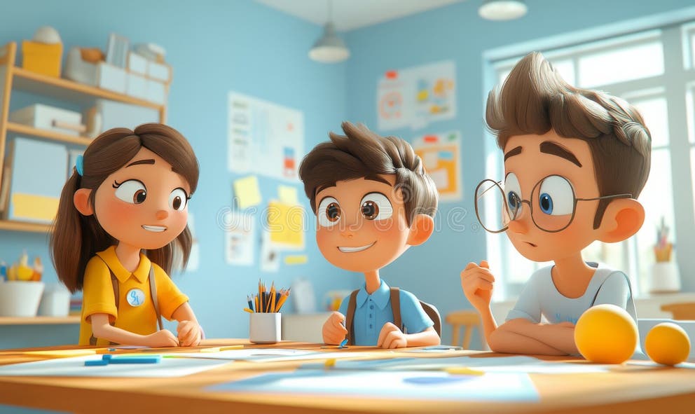 Cartoon Students Working Together on a Group Project in the Classroom, Collaborative and Fun, 3D ...