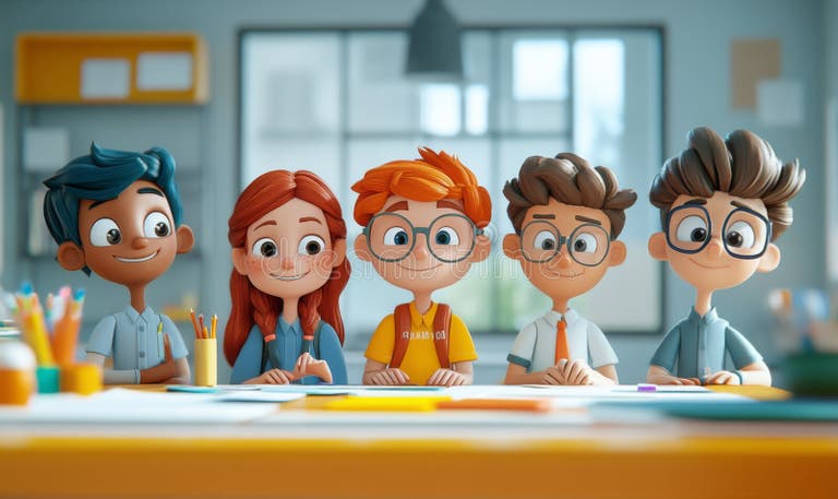 Cartoon Students Working Together on a Group Project in the Classroom ...