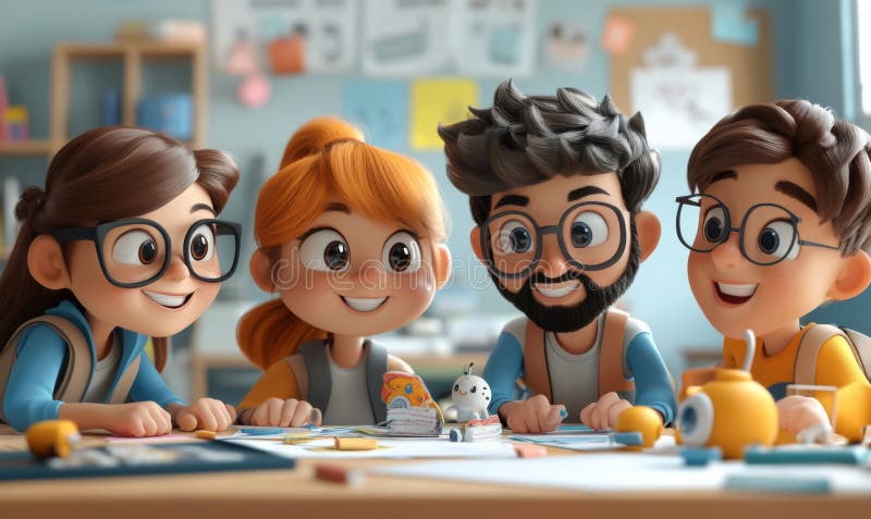 Cartoon Students Working Together on a Group Project in the Classroom ...