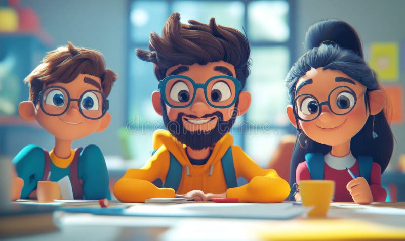 Cartoon Students Working Together on a Group Project in the Classroom ...