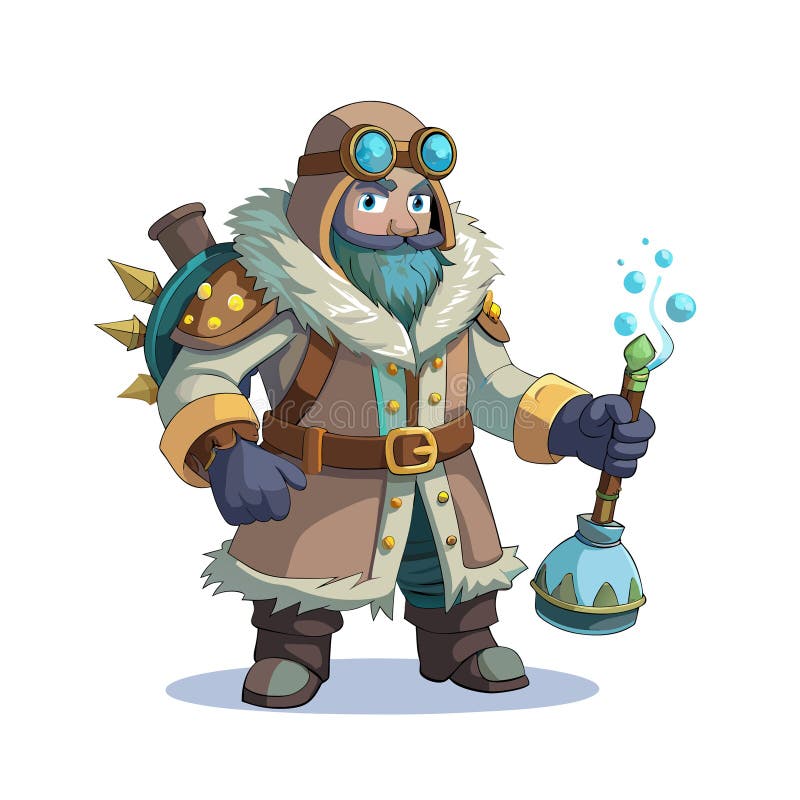 Cartoon Alchemist Character with Goggles and Magic Potion Illustration ...