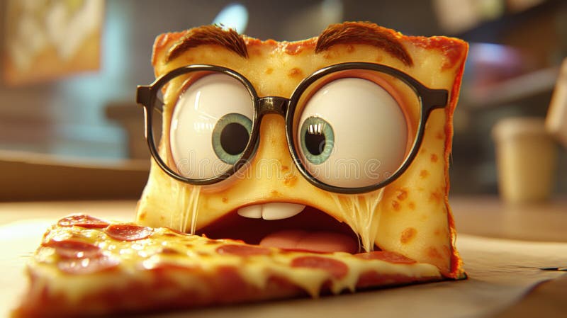 Cartoon-style Animated Slice of Pizza with Glasses and Expressive Eyes ...