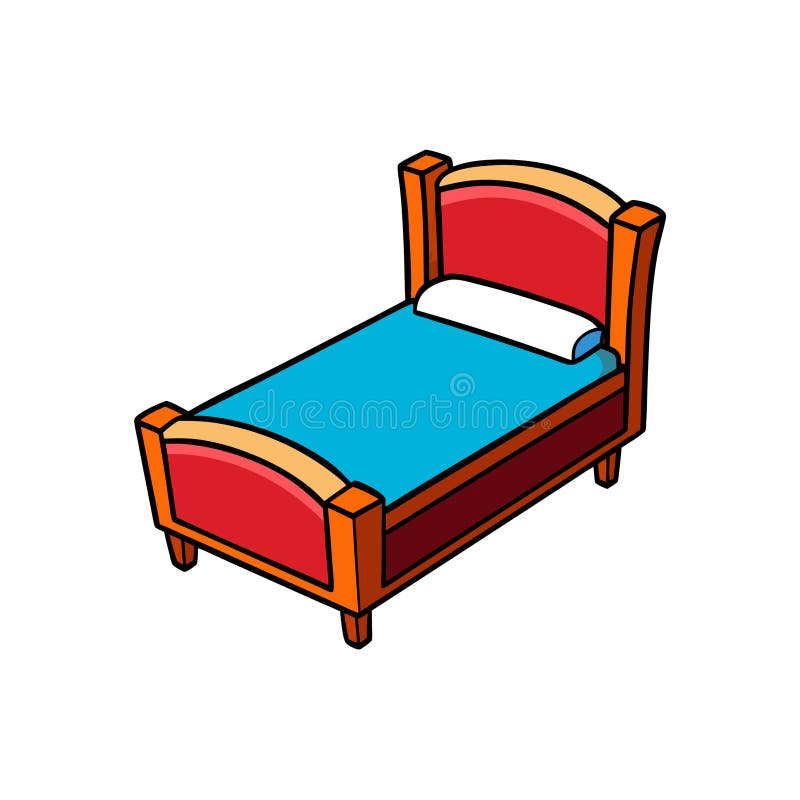 Cartoon Style Bed with Blue Mattress and White Pillow Stock ...