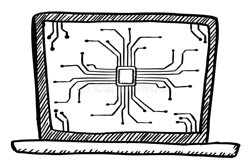 Cartoon Style Black and White Doodle of Notebook with Computer Cpu ...