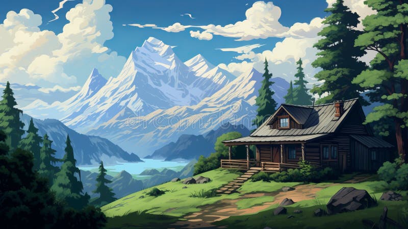 Cartoon Style Cabin in a Mountain Landscape Stock Illustration ...