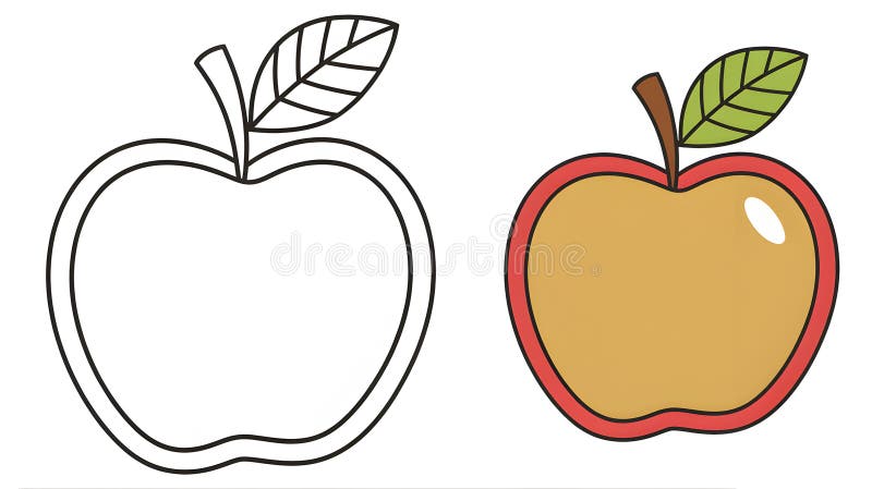 Cartoon-style Coloring Page of an Apple Fruit with a Colored Example ...
