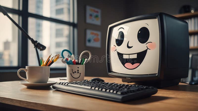 Cartoon-Style Computer with Smiling Face, Happy Keyboard, and Cheerful ...