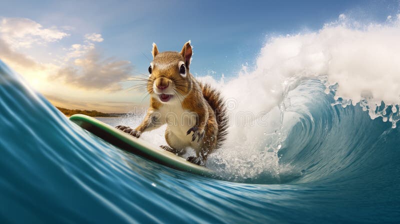Cartoon Style Cute Squirrel Surfing on a Huge Wave, Ai Generated Stock ...