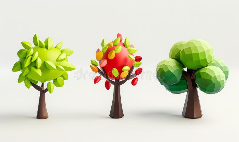 Cartoon Style 3D Trees Isolated on White Background, Ecology and ...